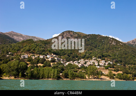 France, Corse du Sud, Tolla, the village and the Prunelli Gorges dam ...