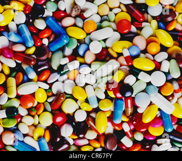 Lots of colorful medicines drugs and pills from above Stock Photo - Alamy