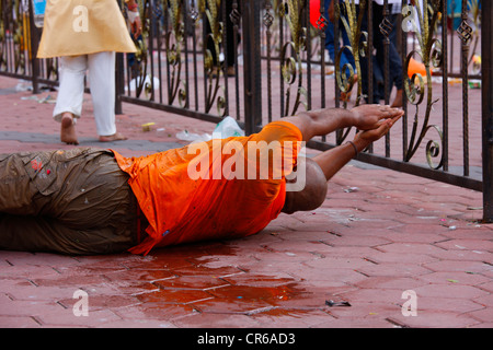 Pilgrim at the Hindu festival Thaipusam rolling on the ground to the ...