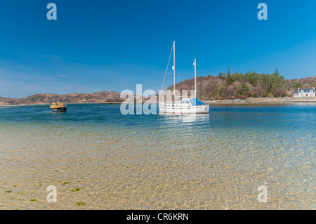 White sands of Morar with cottage and road bridge nr Mallaig Highland ...