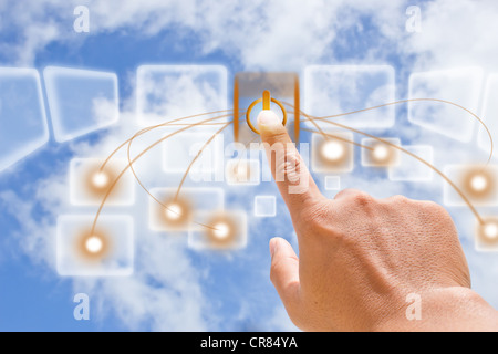 Hand aiming at cloud computing concept on blue sky Stock Photo - Alamy