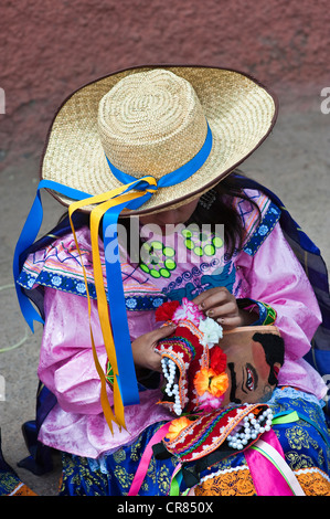 Peru, Cuzco Province, Huaro, dancer in traditional costume for the corn ...