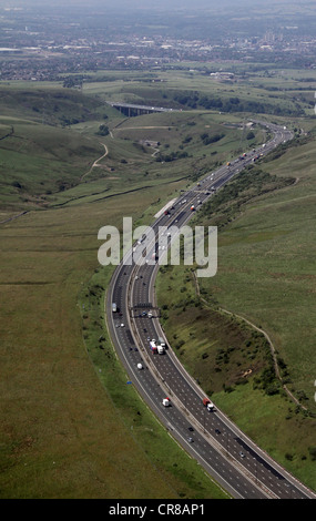 aerial view of the M62 as it crosses the Pennines west towards ...