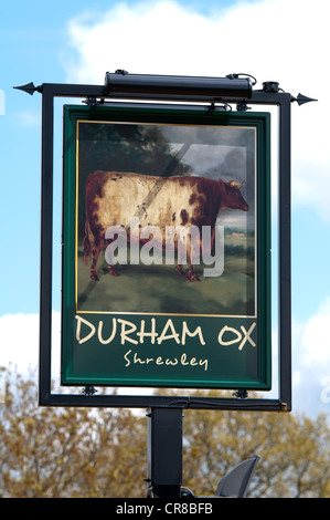 The Durham Ox pub sign, Shrewley, Warwickshire, England, UK Stock Photo ...