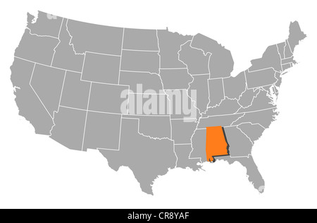 Alabama, AL, gray political map, with capital Montgomery, large and ...