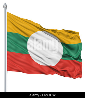 Flag of Shan State with flagpole waving in the wind against white ...