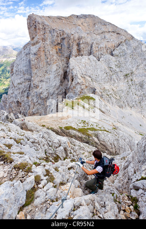 Hiker on the Latemar crossing, fixed rope route, Latemar mountain range ...