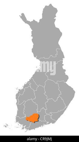 Tavastia Proper, region of Finland. Colored elevation map with lakes ...