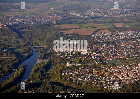 Aerial view, Marbach am Neckar, Oberer Torturm tower, Marktstrasse ...
