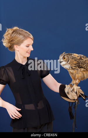 Trainer holding owl on arm Stock Photo - Alamy