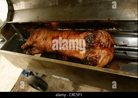 Hog spit roast on a barbecue with a pig's head in the foreground Stock ...