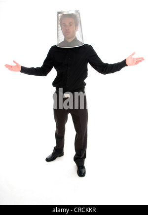 young businessman with dustbin on his head, making thumbs down Stock ...