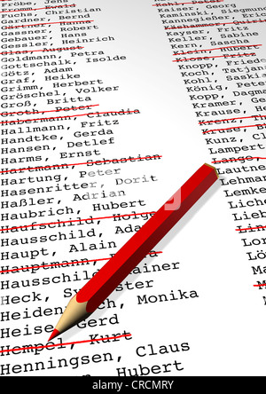 List of names, some crossed out, red pencil, illustration Stock Photo ...