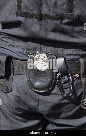 Close up detail photo of carabiners and slings. Climbing gear or ...