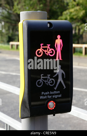 Toucan pedestrian crossing with the sign at red with a car approaching ...