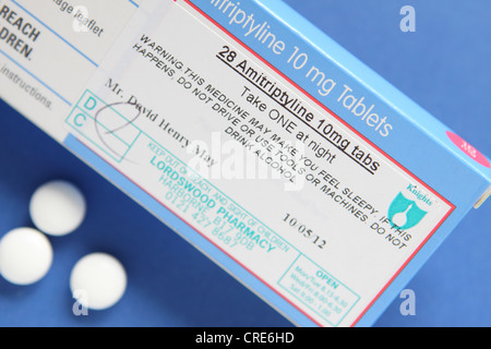 A box of 10mg Amitriptyline tablets - a tricyclic antidepressant ...