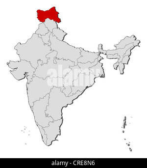 Jammu and Kashmir, state of India. Colored elevation map with lakes and ...
