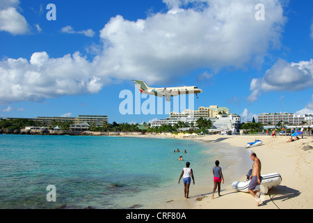 Airplanes landing over Maho beach at St Maarten Martin Caribbean Island ...