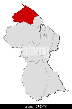 Barima-Waini, region of Guyana. Colored elevation map with lakes and ...