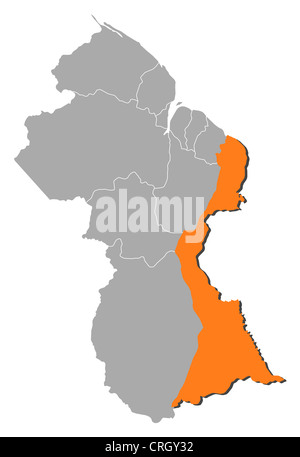 Mahaica-Berbice, region of Guyana. Colored elevation map with lakes and ...
