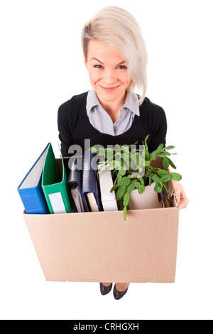 Young woman with cardboard box on blue background Stock Photo - Alamy