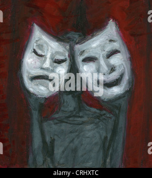 Two masks of drama where one is happy and one sad, crying blood Stock ...