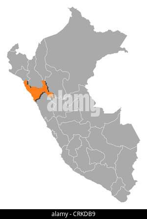 La Libertad, region of Peru. Colored elevation map with lakes and ...