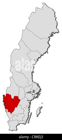Vastra Gotaland, county of Sweden. Colored elevation map with lakes and ...