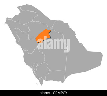 Al Qasim, region of Saudi Arabia. Colored elevation map with lakes and ...