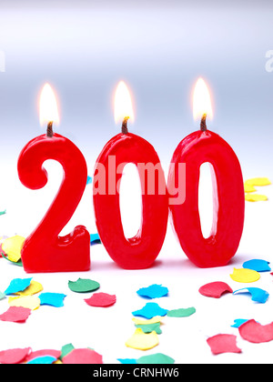 Candle with flame number 200 - Anniversary card on yellow background ...