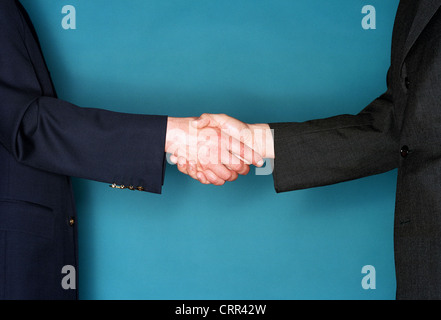a handshake between two people in business cloth with blue background ...