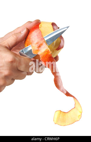 cutting peel an apple with a knife isolated on white background Stock ...