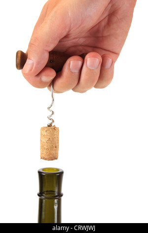 Pulling cork from a wine bottle using a corkscrew Stock Photo - Alamy