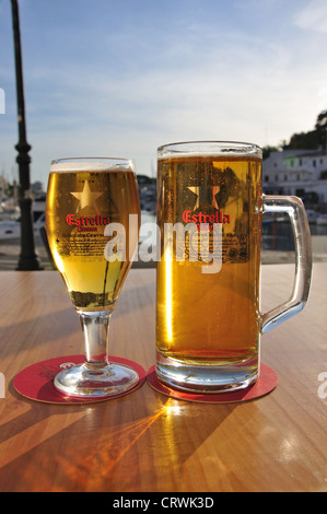 Glasses of Estrella beer, Ciutadella de Menorca, Menorca, Balearic ...