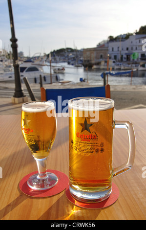 Glasses of Estrella beer, Ciutadella de Menorca, Menorca, Balearic ...