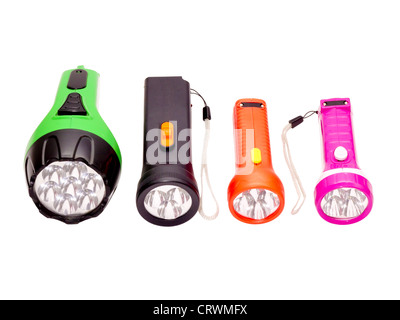 four differently colored LED flashlight on a white background Stock ...