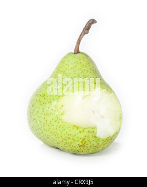 Bitten green pear on a white background. close up Stock Photo - Alamy