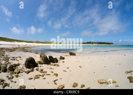 Pentle Bay beach, Tresco Isles of Scilly UK. With white sand and clear ...
