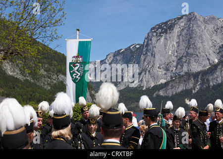Austria, Styria, People celebrating daffodil festival on Lake Altaussee ...