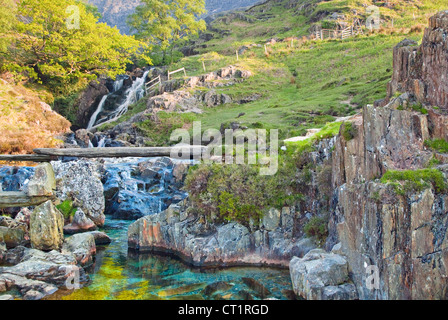 Waterfalls, Cwn y Llan, off the Watkin Path, Snowdonia National Park ...