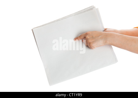 Finger pointing Blank Newspaper with white background Stock Photo - Alamy