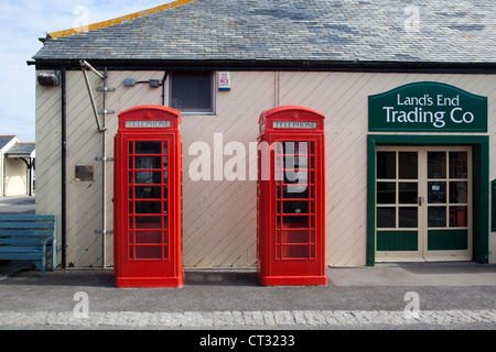 Two red telephone boxes, Land's End lettering on facade, Lands End ...