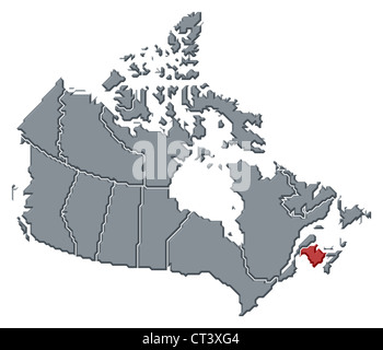 New Brunswick, province of Canada. Colored elevation map with lakes and ...