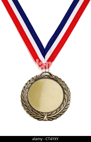 Gold medal isolated on white background. First place. Red ribbon. 3d ...