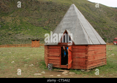 Ail, traditional wooden house of Altai people, River Chulyshman Valley ...