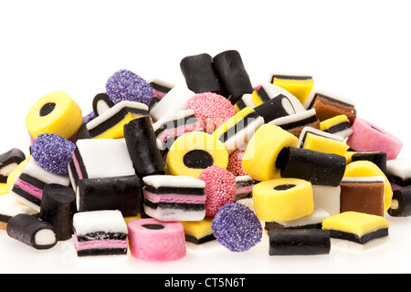 Colourful assorted licorice candies - studio shot with a white ...