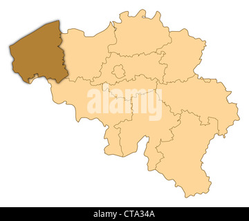 West-Vlaanderen, province of Belgium. Colored elevation map with lakes ...
