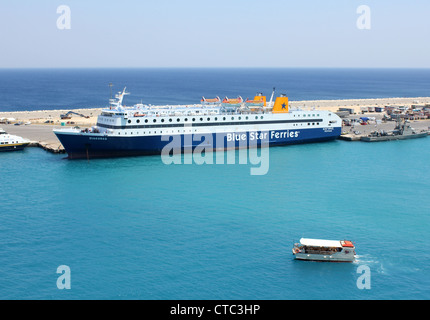 The Blue Star Ferries ship, Diagoras, is moored in the Greek port of ...