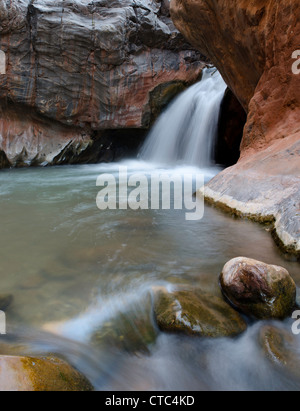 Sandstone Canyon Walls Waterfall and Stream Motion Low Angle ...