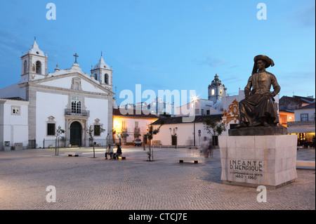 Town square at night in Lagos, Portugal with traditional green tiled ...